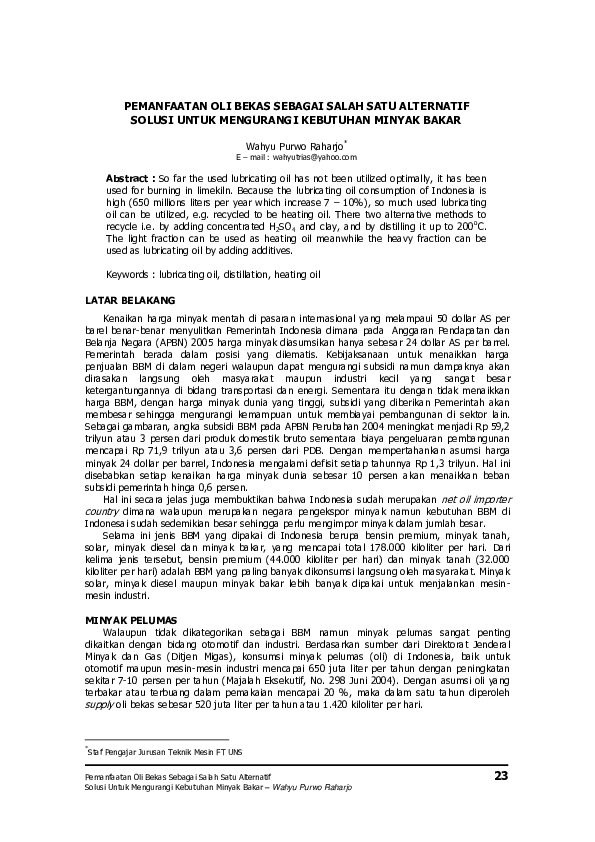 (PDF) PEMANFAATAN OLI BEKAS SEBAGAI SALAH SATU ALTERNATIF SOLUSI UNTUK ...