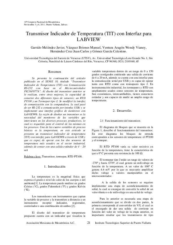 (PDF) Transmisor Indicador de Temperatura (TIT) con Interfaz para LABVIEW