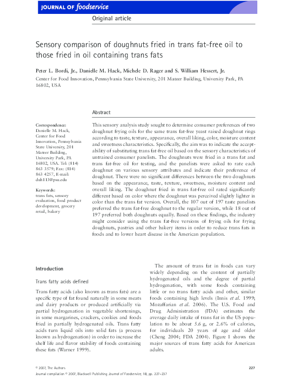 (PDF) Sensory comparison of doughnuts fried in trans fat-free oil to ...