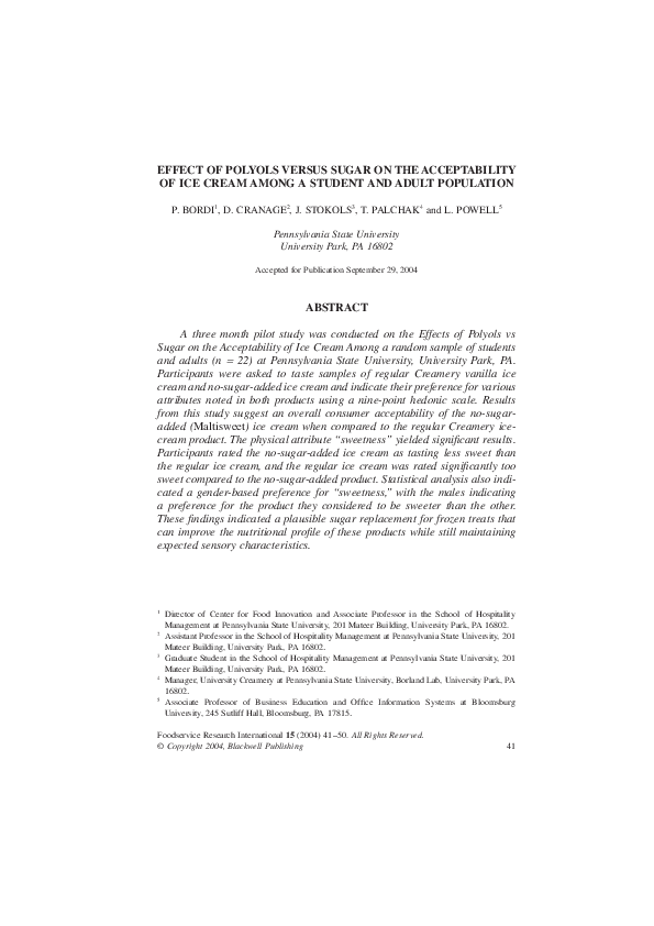 (PDF) Effect of Polyols Versus Sugar on the Acceptability of Ice Cream ...