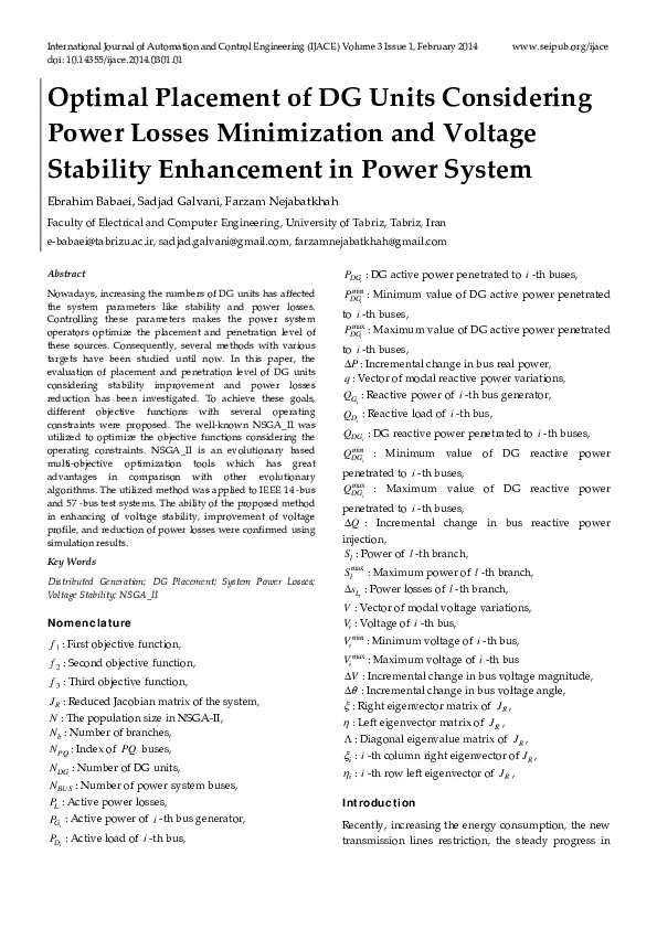 (PDF) Optimal Placement of DG Units Considering Power Losses Minimization and Voltage Stability ...
