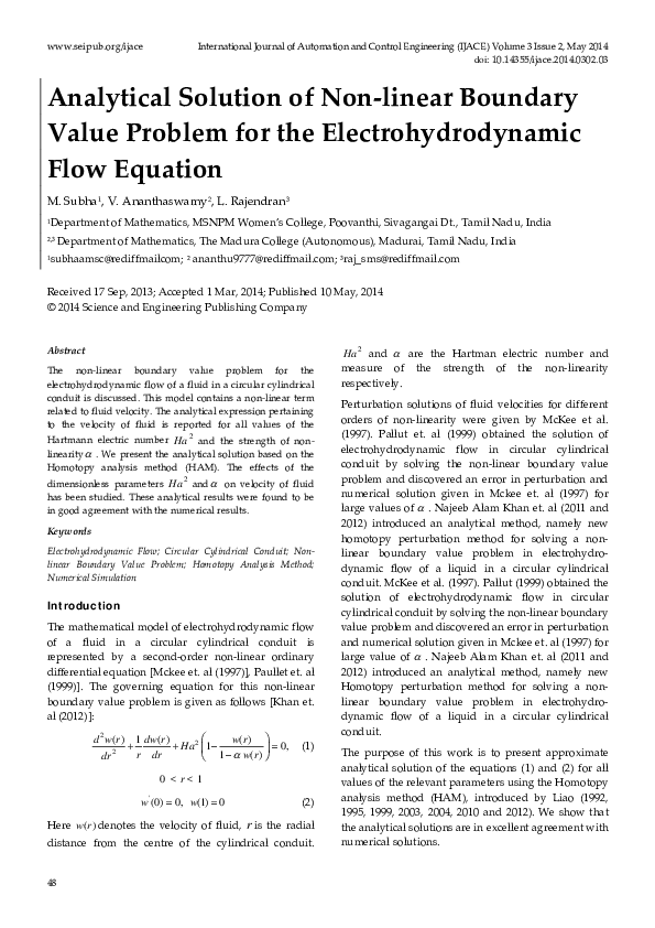 (PDF) Analytical Solution of Non-linear Boundary Value Problem for the Electrohydrodynamic Flow ...