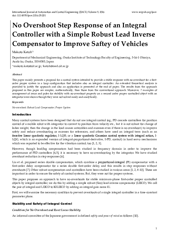 (PDF) No Overshoot Step Response of an Integral Controller with a ...