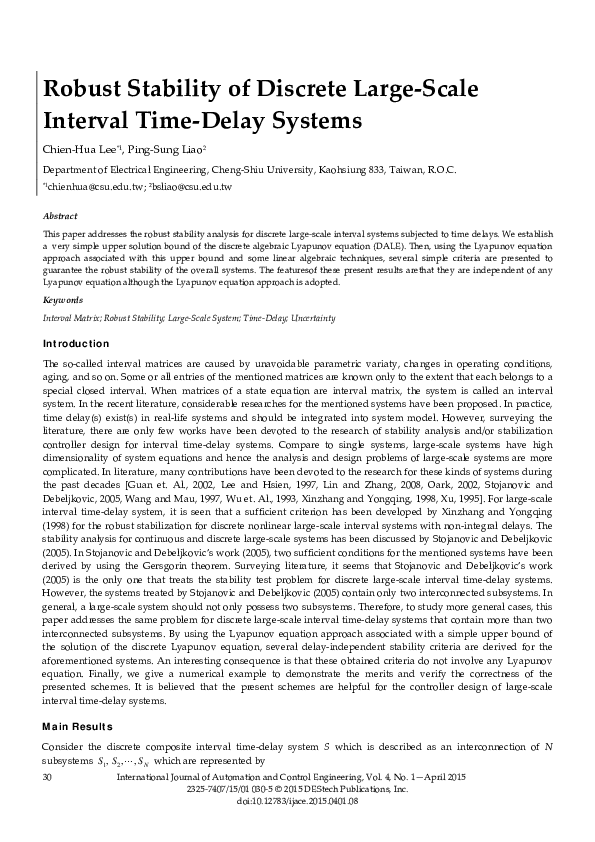 (PDF) Robust Stability of Discrete Large-Scale Interval Time-Delay Systems