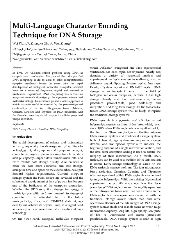 (PDF) Multi-Language Character Encoding Technique for DNA Storage