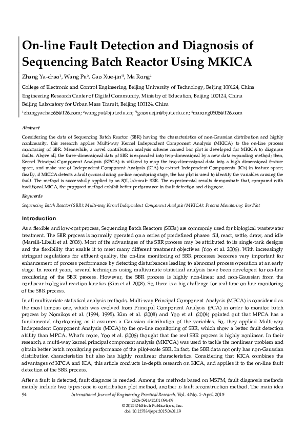 (PDF) On-line Fault Detection and Diagnosis of Sequencing Batch Reactor Using MKICA