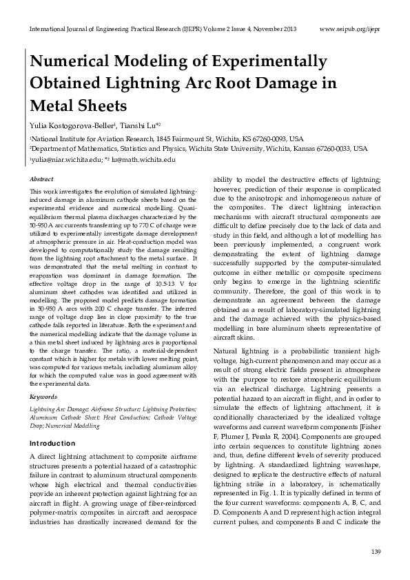 (PDF) Numerical Modeling of Experimentally Obtained Lightning Arc Root ...
