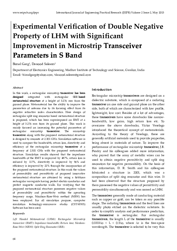 (PDF) Experimental Verification of Double Negative Property of LHM with ...