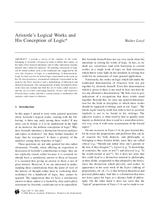 (PDF) Aristotle's Logical Works and His Conception of Logic