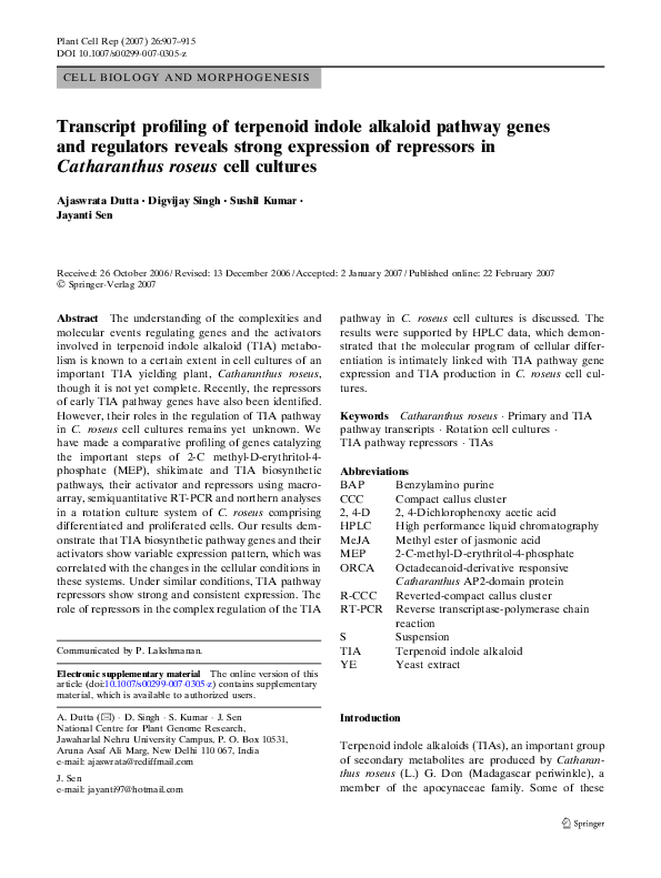 (PDF) Transcript profiling of terpenoid indole alkaloid pathway genes ...