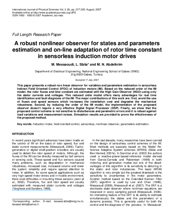 Pdf A Robust Nonlinear Observer For States And Parameters Estimation And On Line Adaptation Of