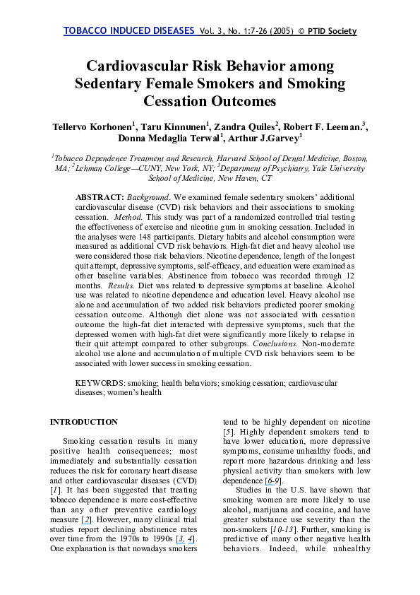 (PDF) Cardiovascular Risk Behavior among Sedentary Female Smokers and Smoking Cessation Outcomes