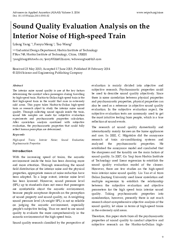 (PDF) Sound Quality Evaluation Analysis on the Interior Noise of High ...