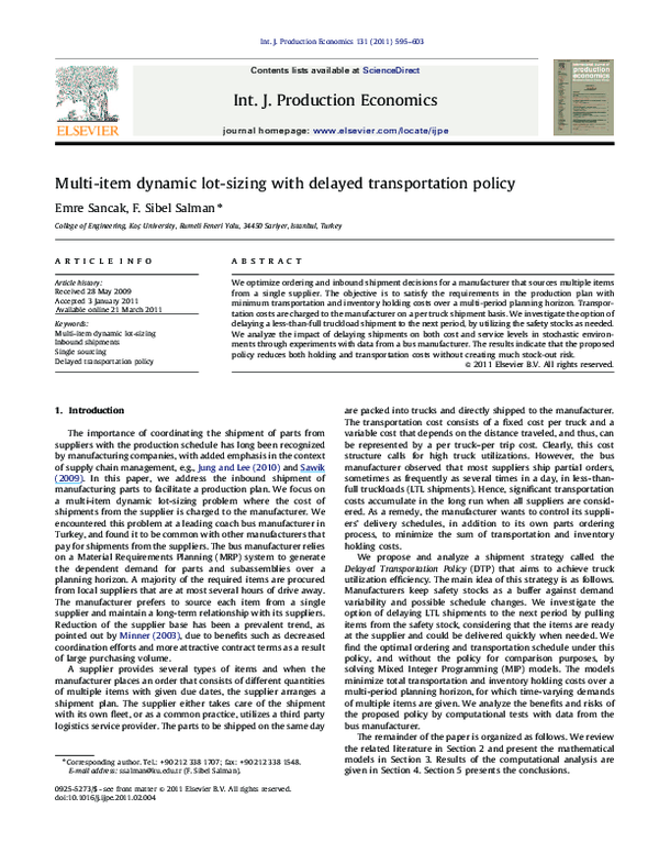 (PDF) Multi-item dynamic lot-sizing with delayed transportation policy