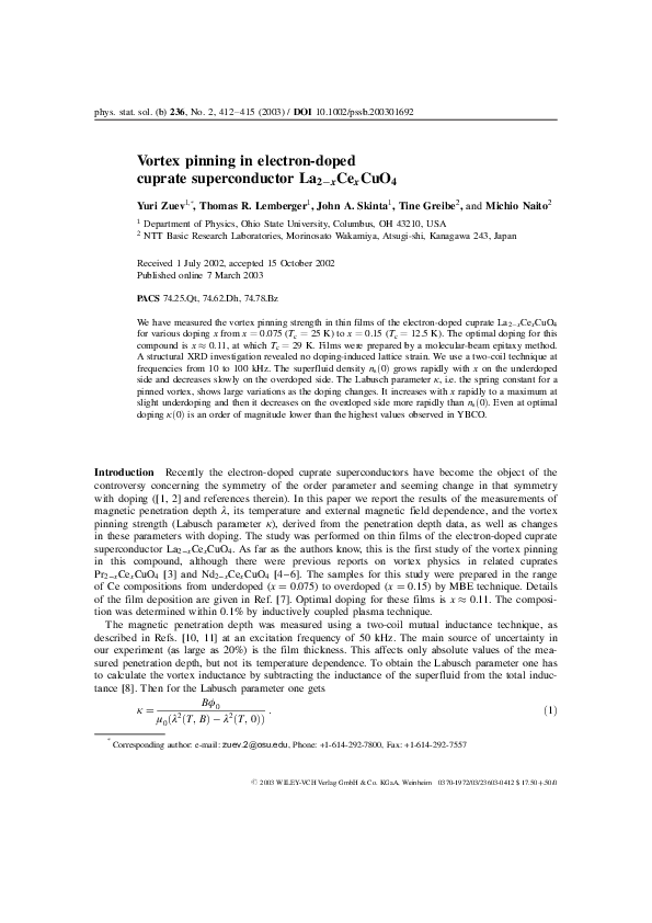 (PDF) Vortex pinning in electron-doped cuprate superconductor La2-xCexCuO4