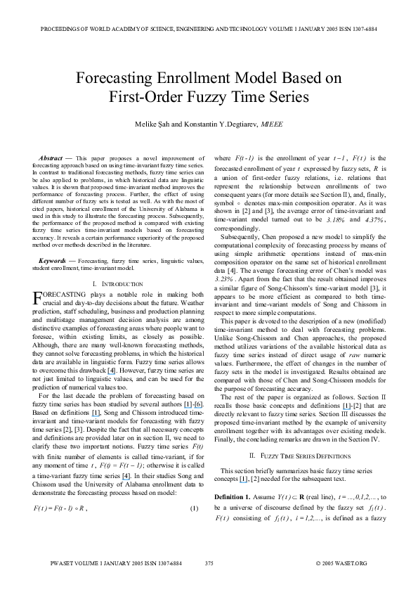 Pdf Forecasting Enrollment Model Based On First Order Fuzzy Time Series