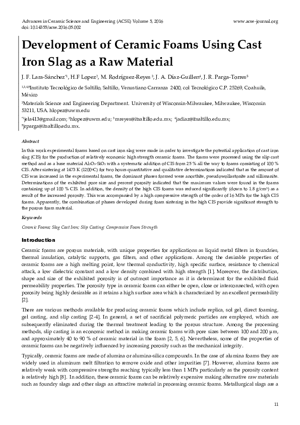 (PDF) Development of Ceramic Foams Using Cast Iron Slag as a Raw ...
