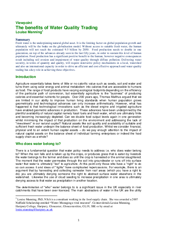 (PDF) The benefits of Water Quality Trading