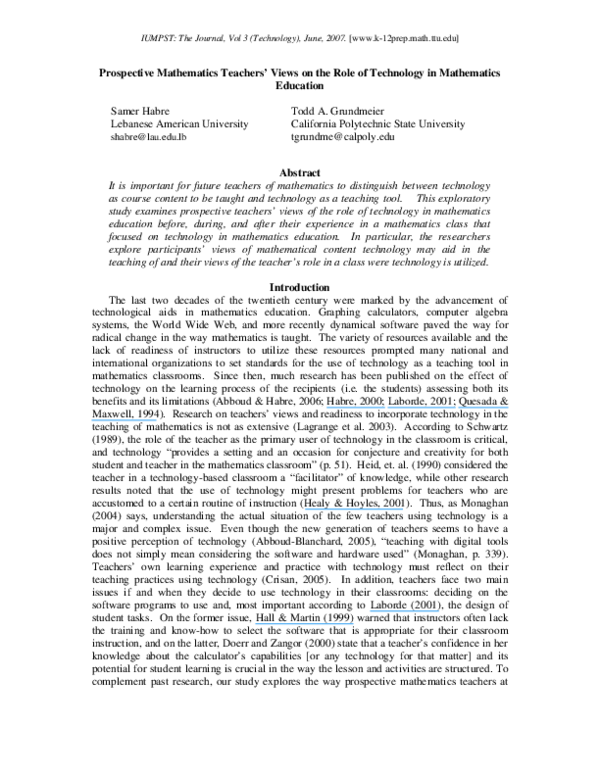 Pdf Prospective Mathematics Teachers Views On The Role Of Technology In Mathematics Education