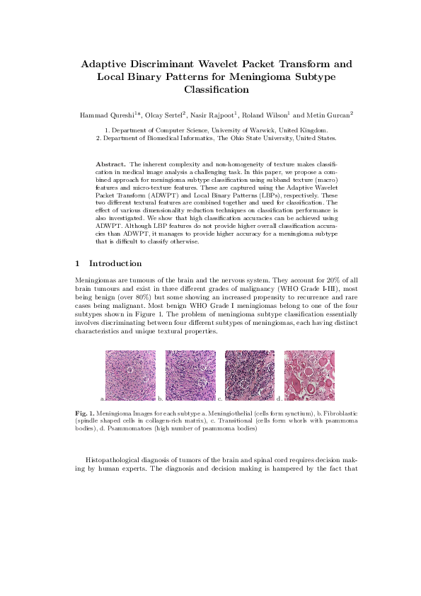 Pdf Adaptive Discriminant Wavelet Packet Transform And Local Binary Patterns For Meningioma