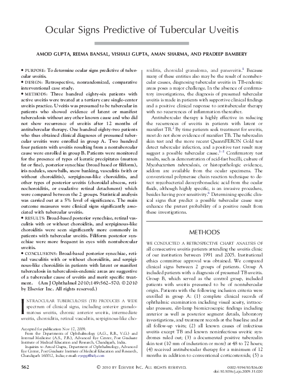 (PDF) Ocular Signs Predictive of Tubercular Uveitis