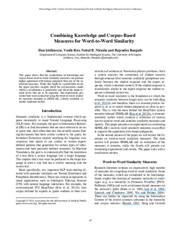 (PDF) Combining Knowledge and Corpus Measures for Word Similarity