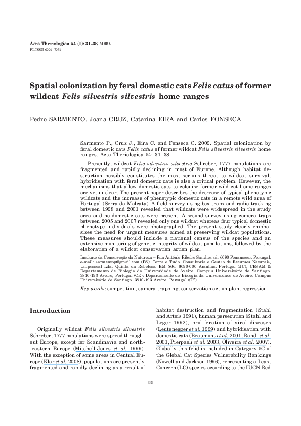 (PDF) Spatial colonization by feral domestic cats Felis catus of former ...