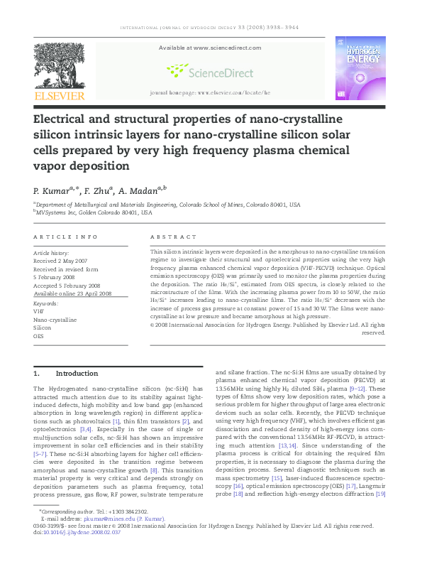 (PDF) Electrical and structural properties of nano-crystalline silicon intrinsic layers for nano ...