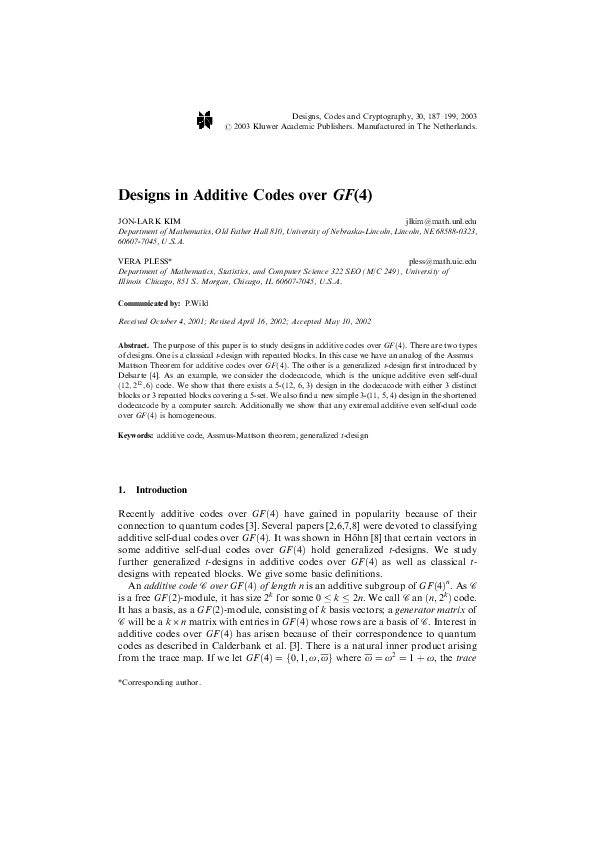 (PDF) Designs in Additive Codes over GF(4