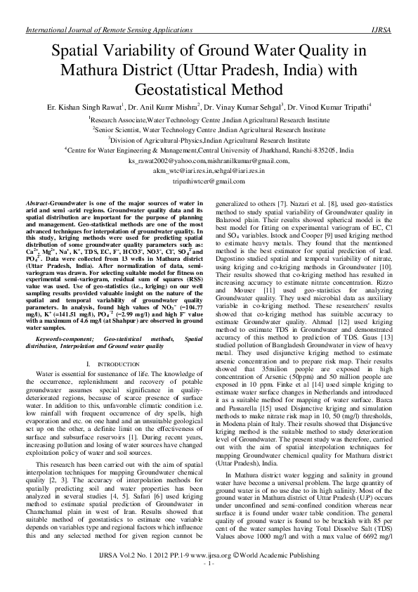 (PDF) Spatial Variability of Ground Water Quality in Mathura District (Uttar Pradesh, India ...