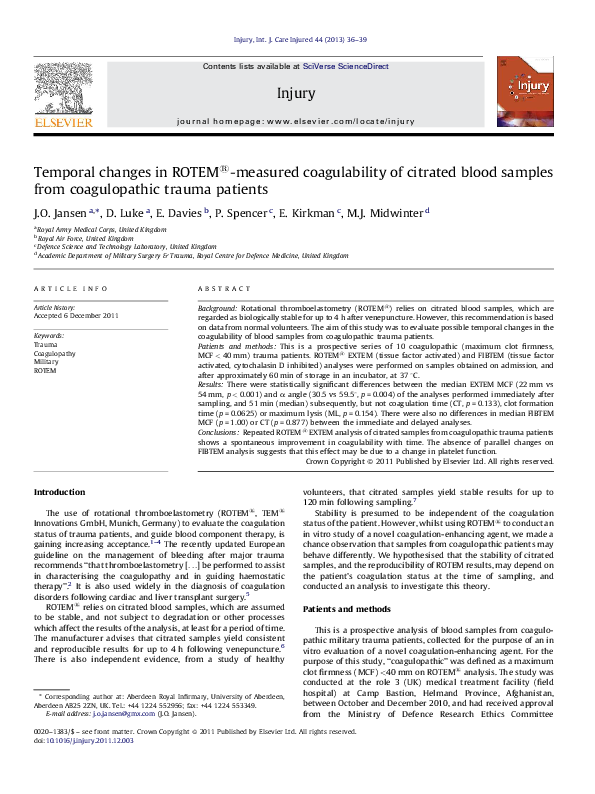 (PDF) Temporal changes in ROTEM®-measured coagulability of citrated ...