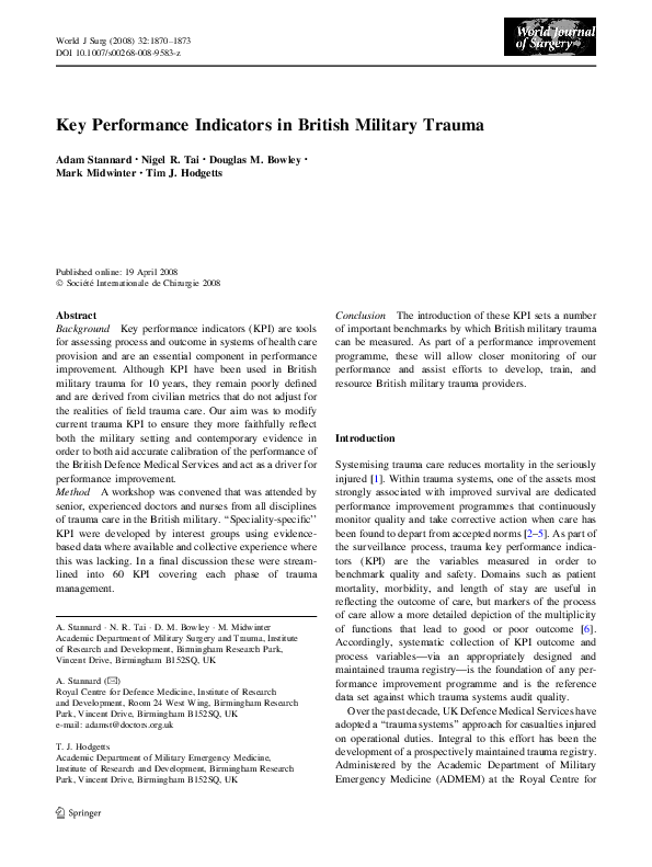 (PDF) Key Performance Indicators in British Military Trauma
