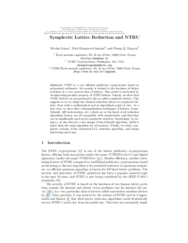 (PDF) Symplectic Lattice Reduction and NTRU