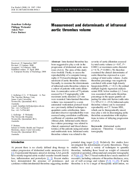 (PDF) Measurement and determinants of infrarenal aortic thrombus volume ...