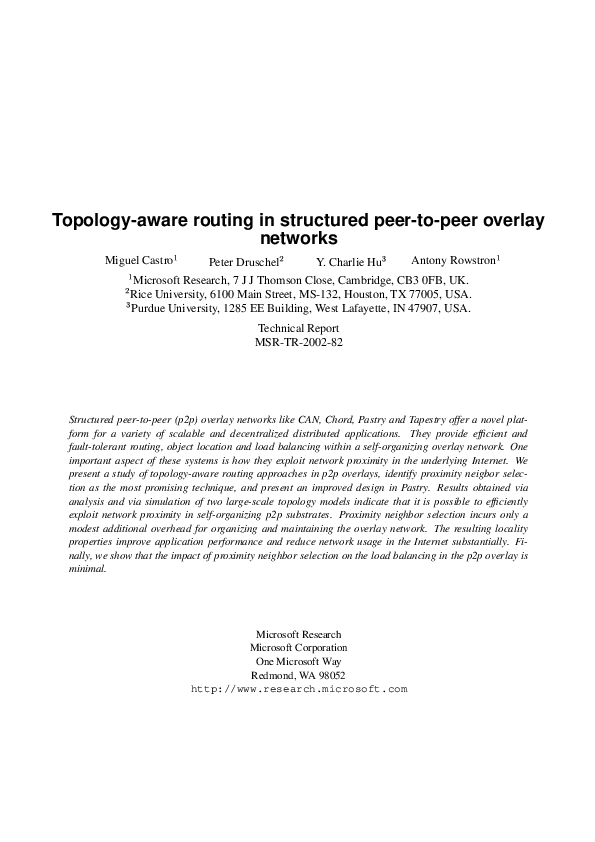 Pdf Topology Aware Routing In Structured Peer To Peer Overlay Networks