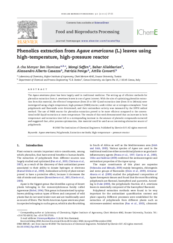 (PDF) Phenolics extraction from Agave americana (L.) leaves using high ...