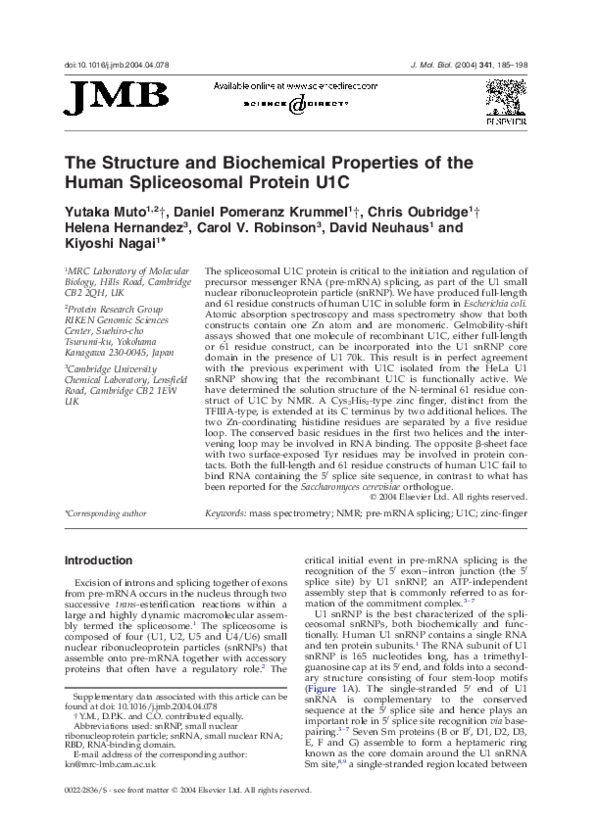 (PDF) The Structure and Biochemical Properties of the Human Spliceosomal Protein U1C