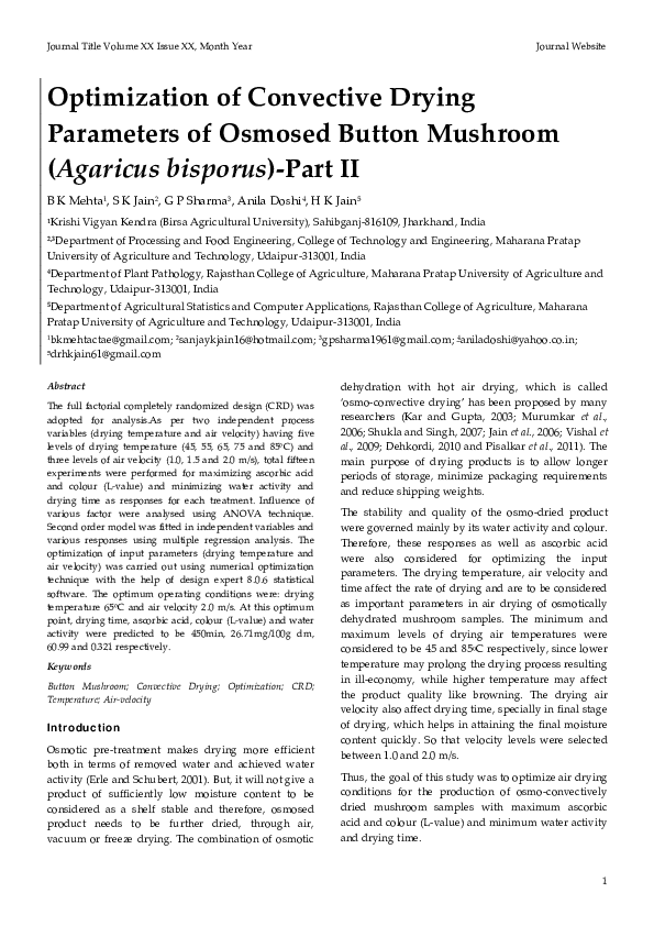 (PDF) Optimization of Convective Drying Parameters of Osmosed Button Mushroom (Agaricus bisporus ...