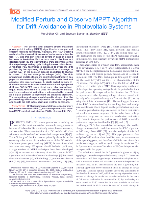 Pdf Modified Perturb And Observe Mppt Algorithm For Drift Avoidance In Photovoltaic Systems