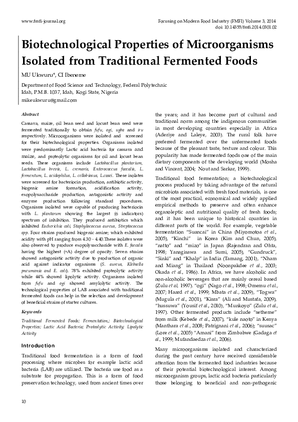 (PDF) Biotechnological Properties of Microorganisms Isolated from Traditional Fermented Foods