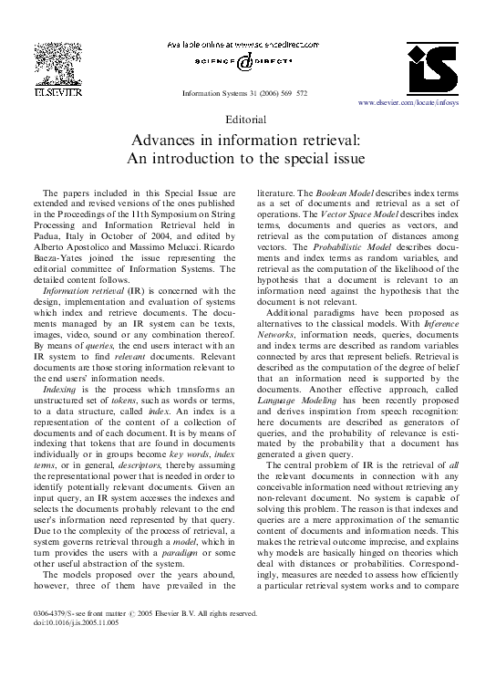 (PDF) Advances in information retrieval: An introduction to the special ...