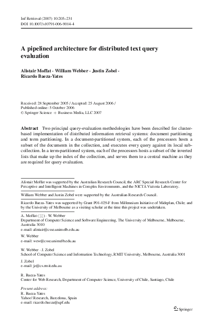 (PDF) A pipelined architecture for distributed text query evaluation