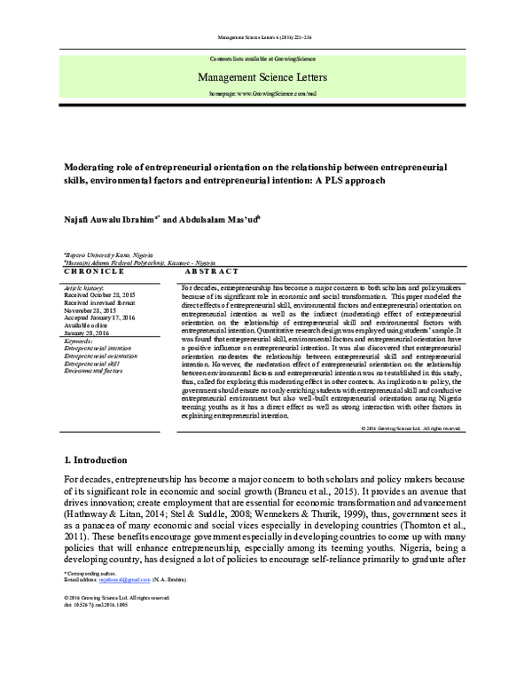 (PDF) Management Science Letters Moderating role of entrepreneurial orientation on the ...