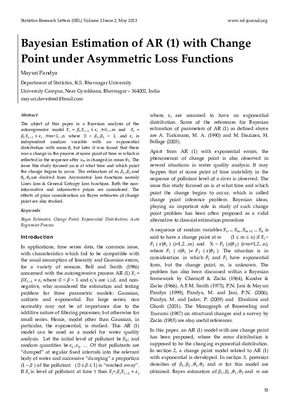 (PDF) Bayesian Estimation of AR (1) with Change Point under Asymmetric Loss Functions