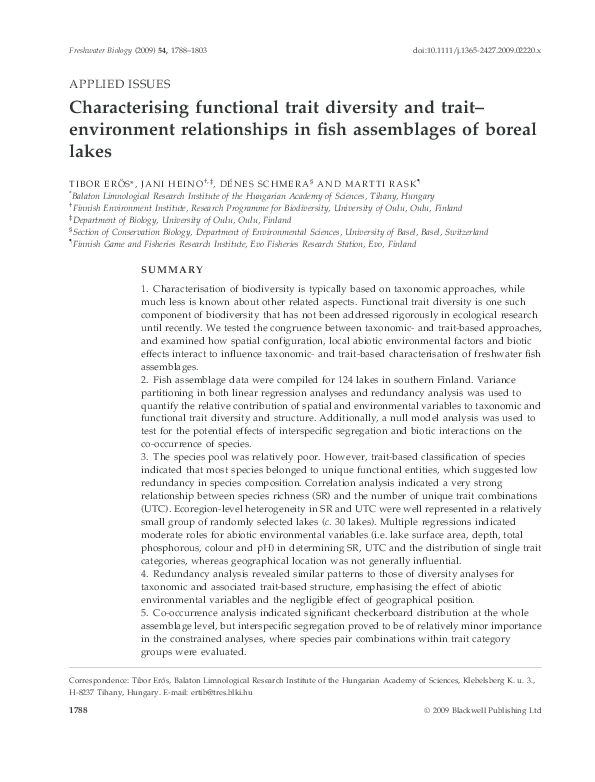 (PDF) Characterising functional trait diversity and trait-environment relationships in fish ...