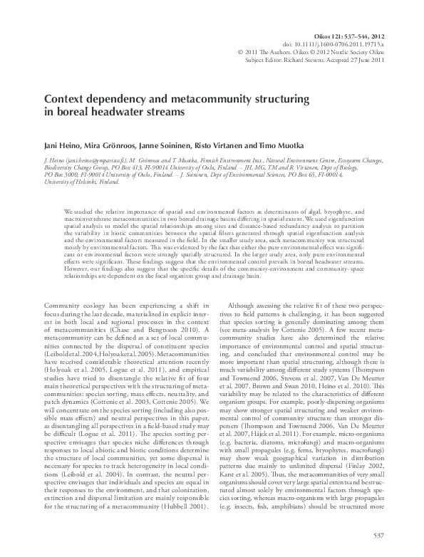 Pdf Context Dependency And Metacommunity Structuring In Boreal