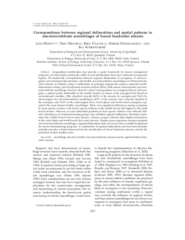 (PDF) Correspondence between Regional Delineations and Spatial Patterns in Macroinvertebrate ...