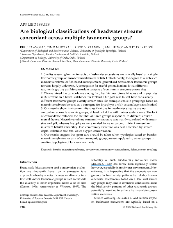 (PDF) Are biological classifications of headwater streams concordant ...