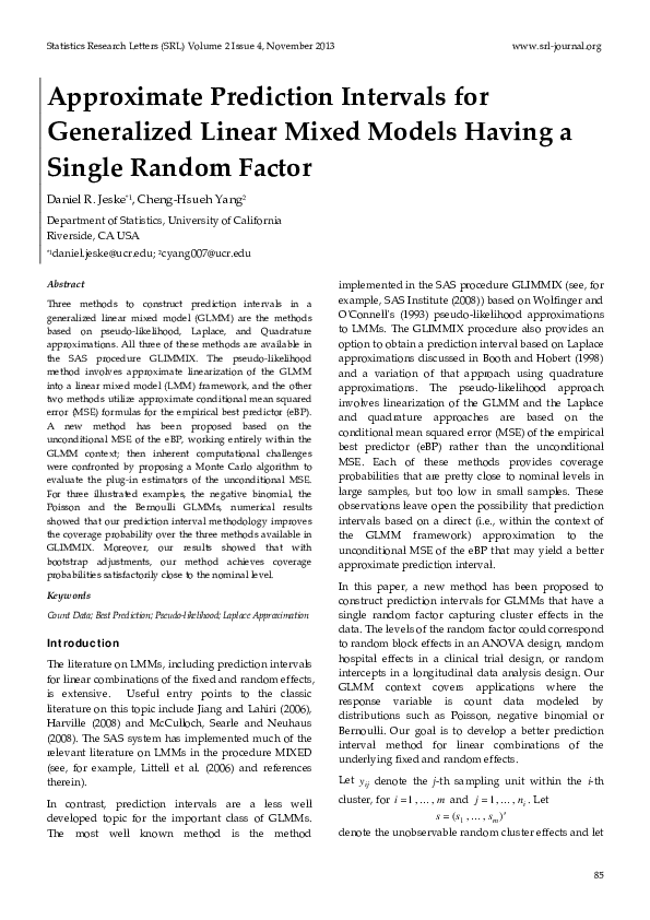 Pdf Approximate Prediction Intervals For Generalized Linear Mixed Models Having A Single