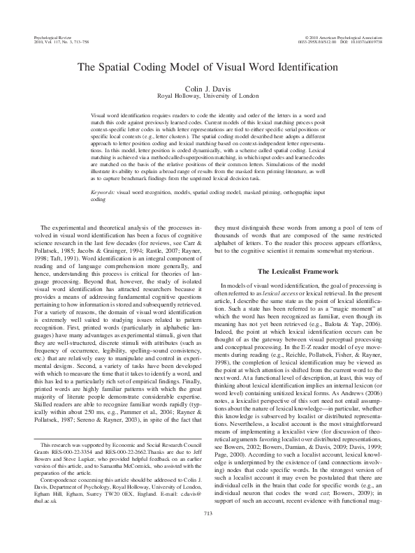 Pdf The Spatial Coding Model Of Visual Word Identification 7895